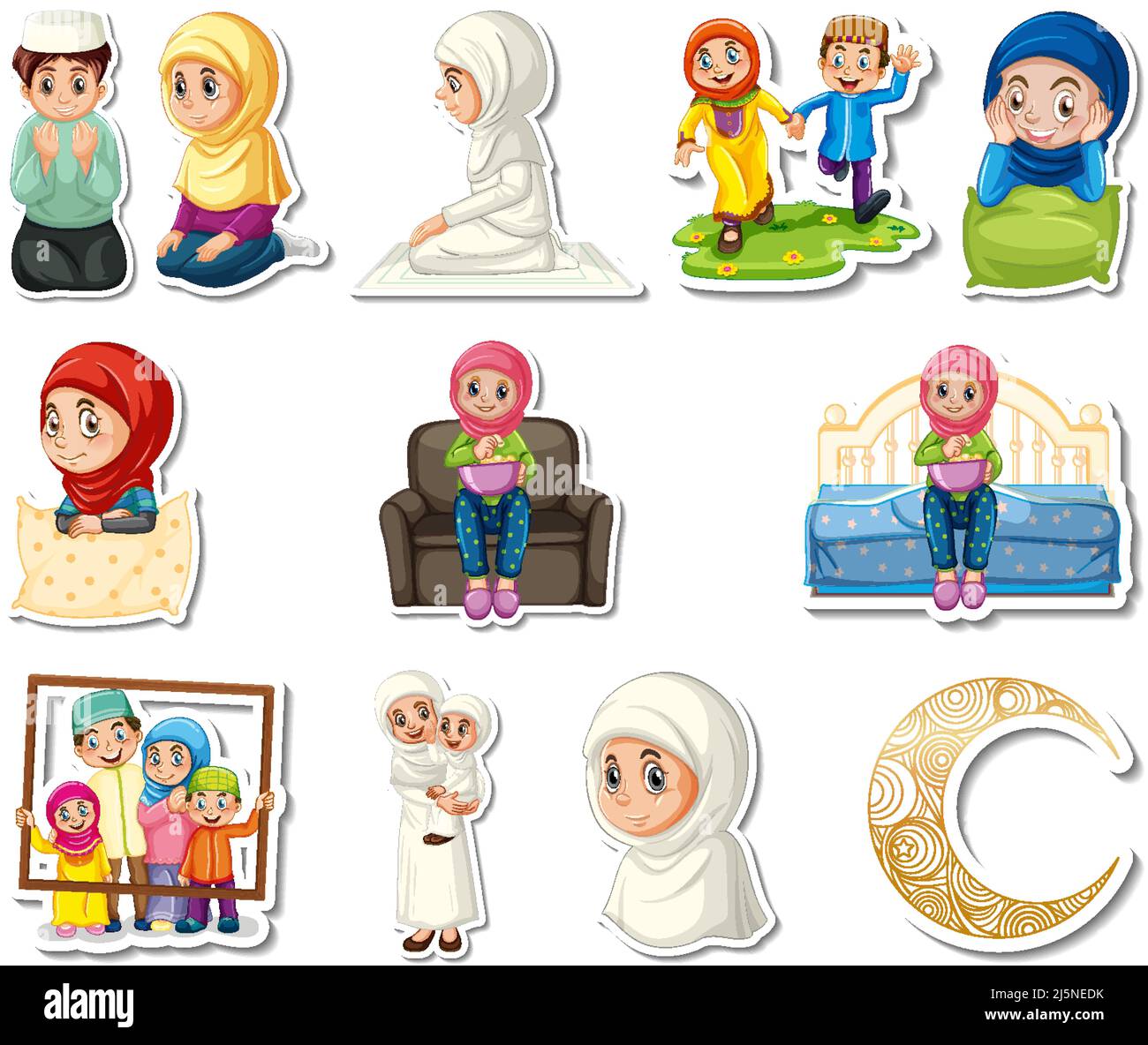 Sticker set of Islamic religious symbols and cartoon characters ...