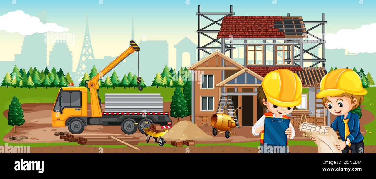 Cartoon scene of building construction site illustration Stock Vector ...