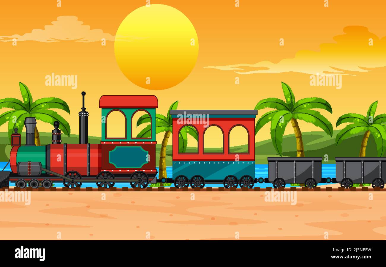 Outdoor scene with a steam locomotive train illustration Stock Vector ...