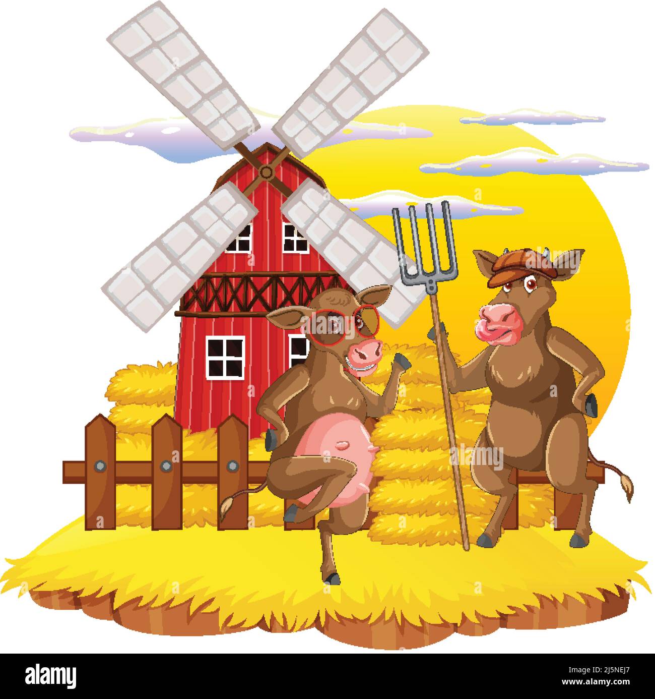 Outdoor cow farm scene with happy animals illustration Stock Vector ...