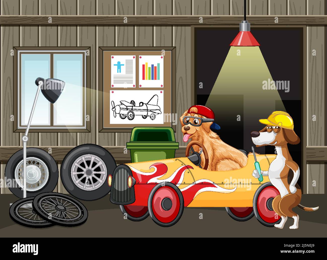 Dogs repairs car in garage illustration Stock Vector Image & Art - Alamy