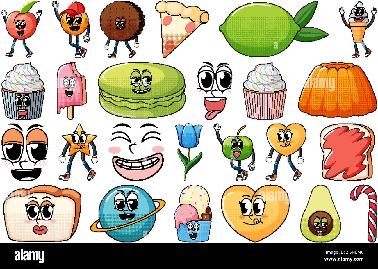 Set of facial expression with vintage style food cartoon on white ...