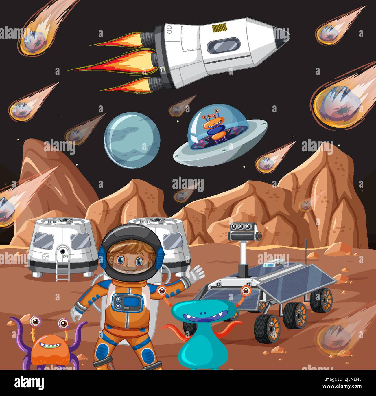 An astronaut and aliens on planet illustration Stock Vector Image & Art ...