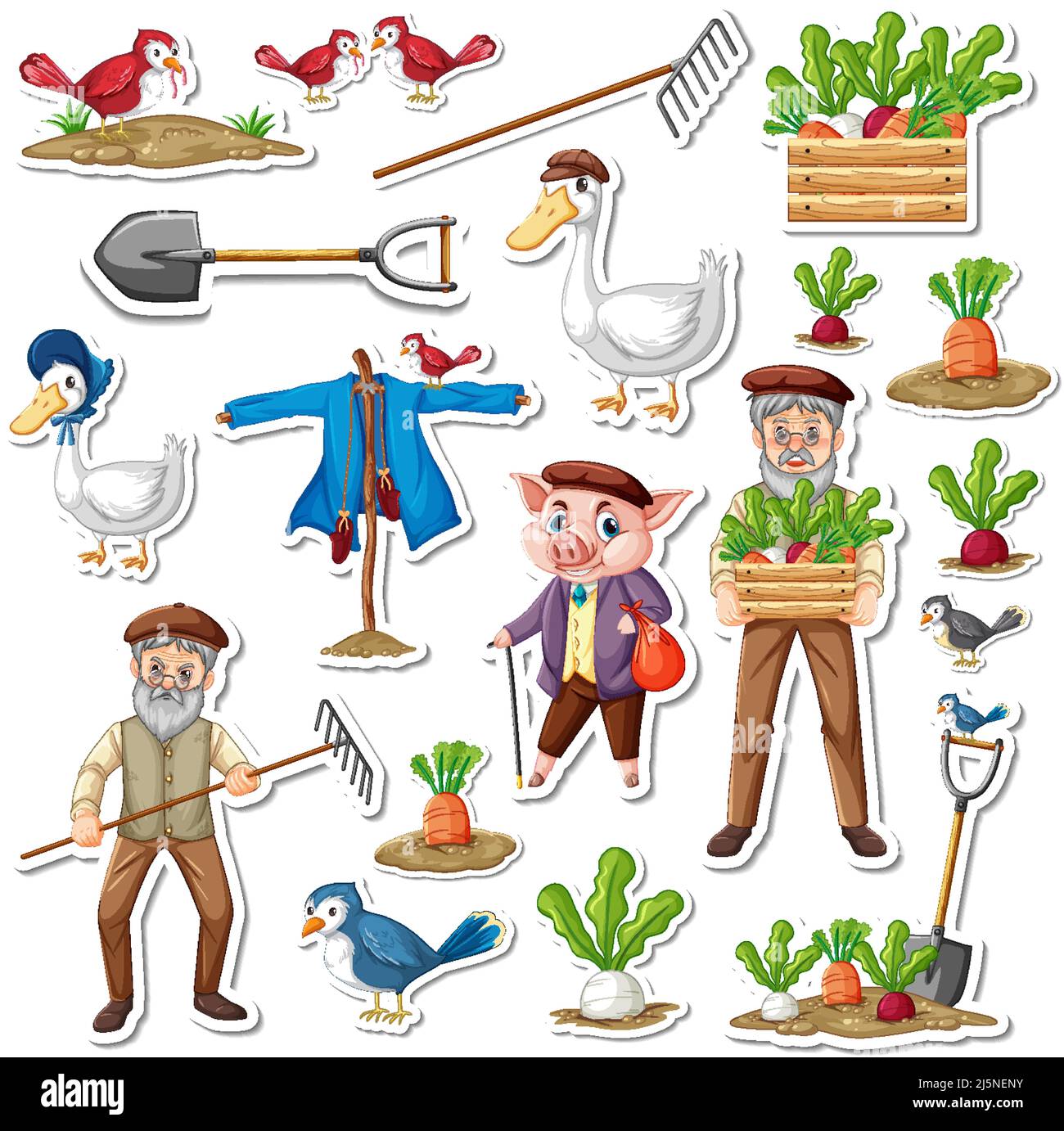 Sticker pack of farm objects and old farmer cartoon characters ...