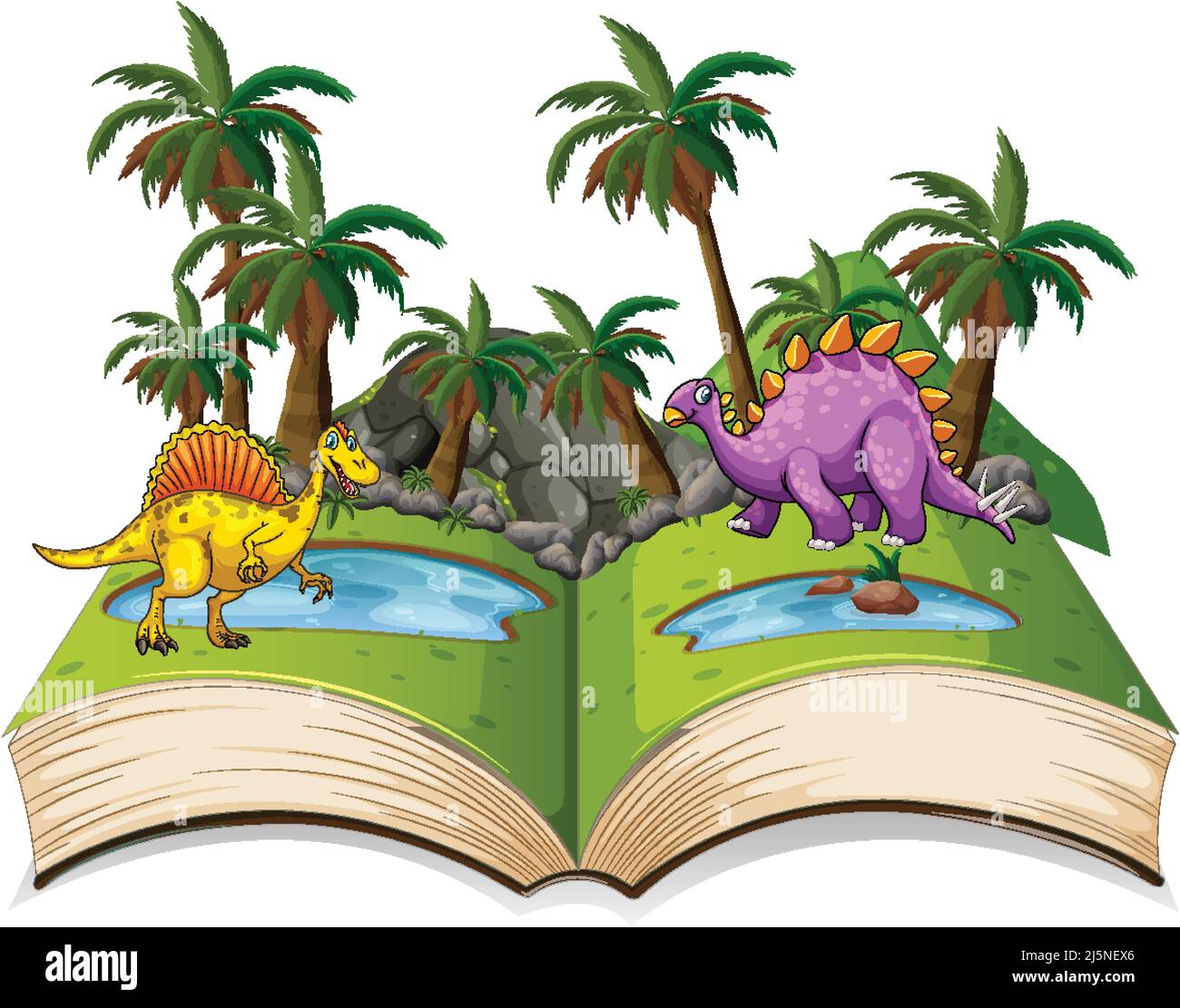 Opened book with various dinosaurs cartoon illustration Stock Vector ...