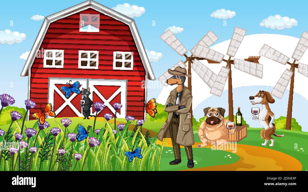 Outdoor farm scene with cartoon dogs illustration Stock Vector Image ...