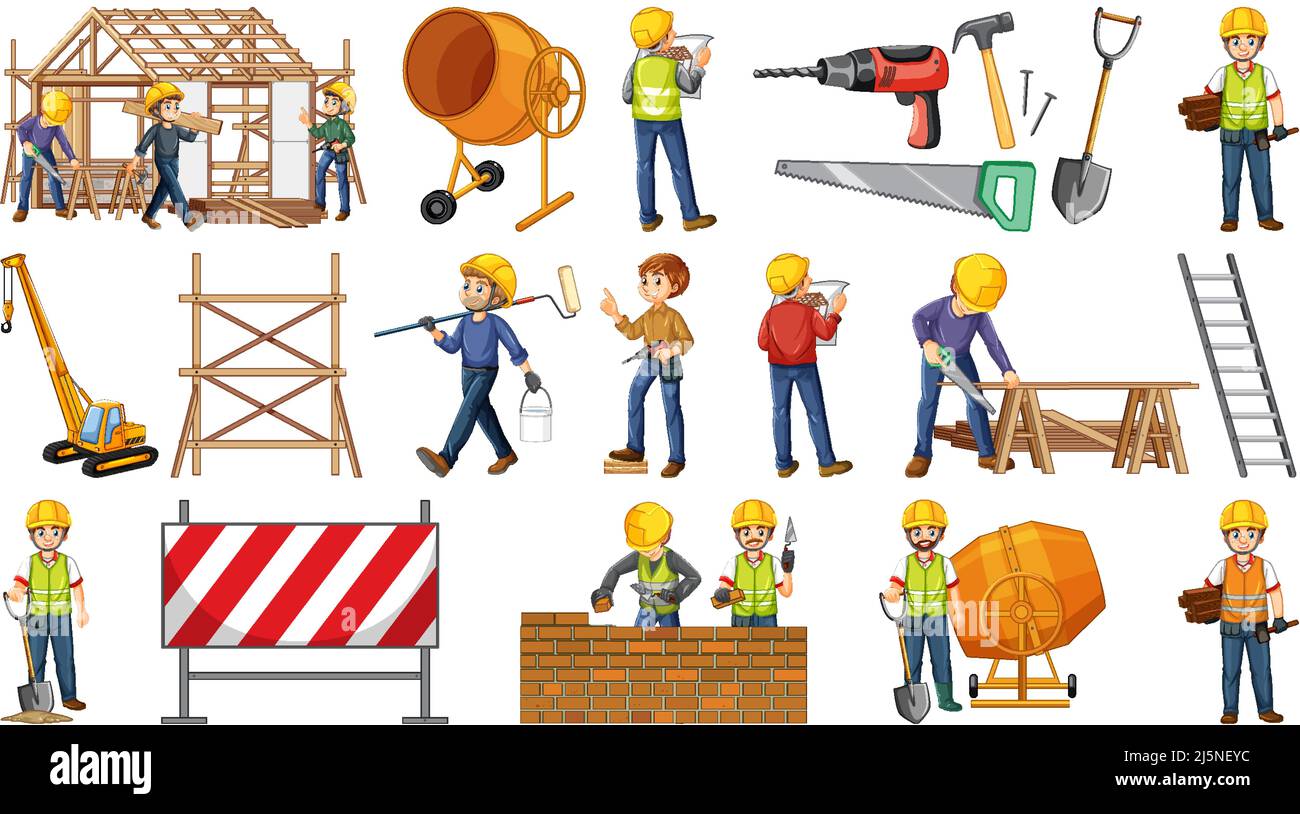 Set of construction site objects and workers illustration Stock Vector ...