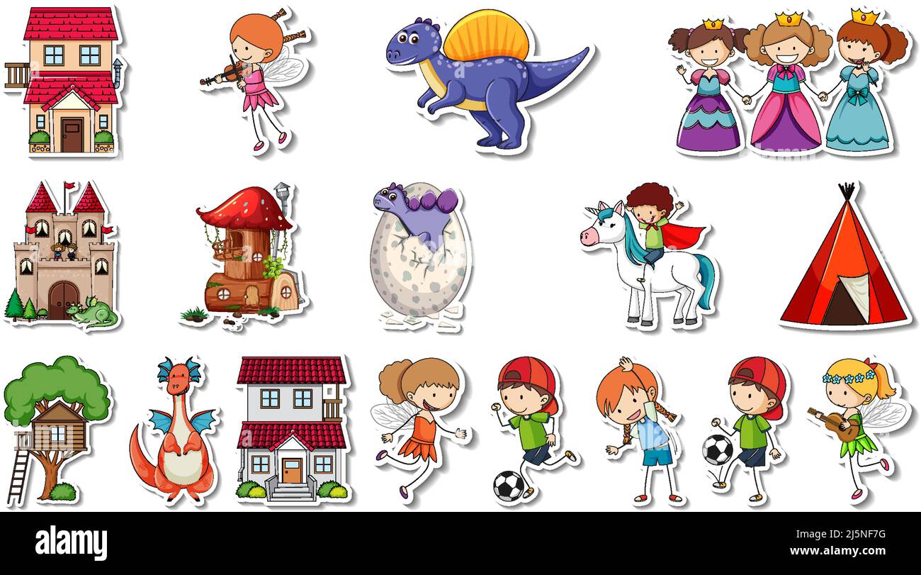 Sticker set of fantasy fairy tale cartoon characters illustration Stock ...