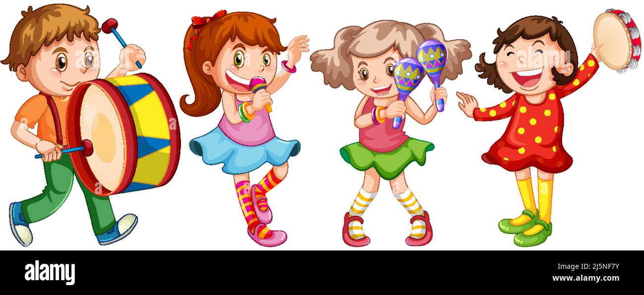 Girls and boy playing different instruments illustration Stock Vector ...