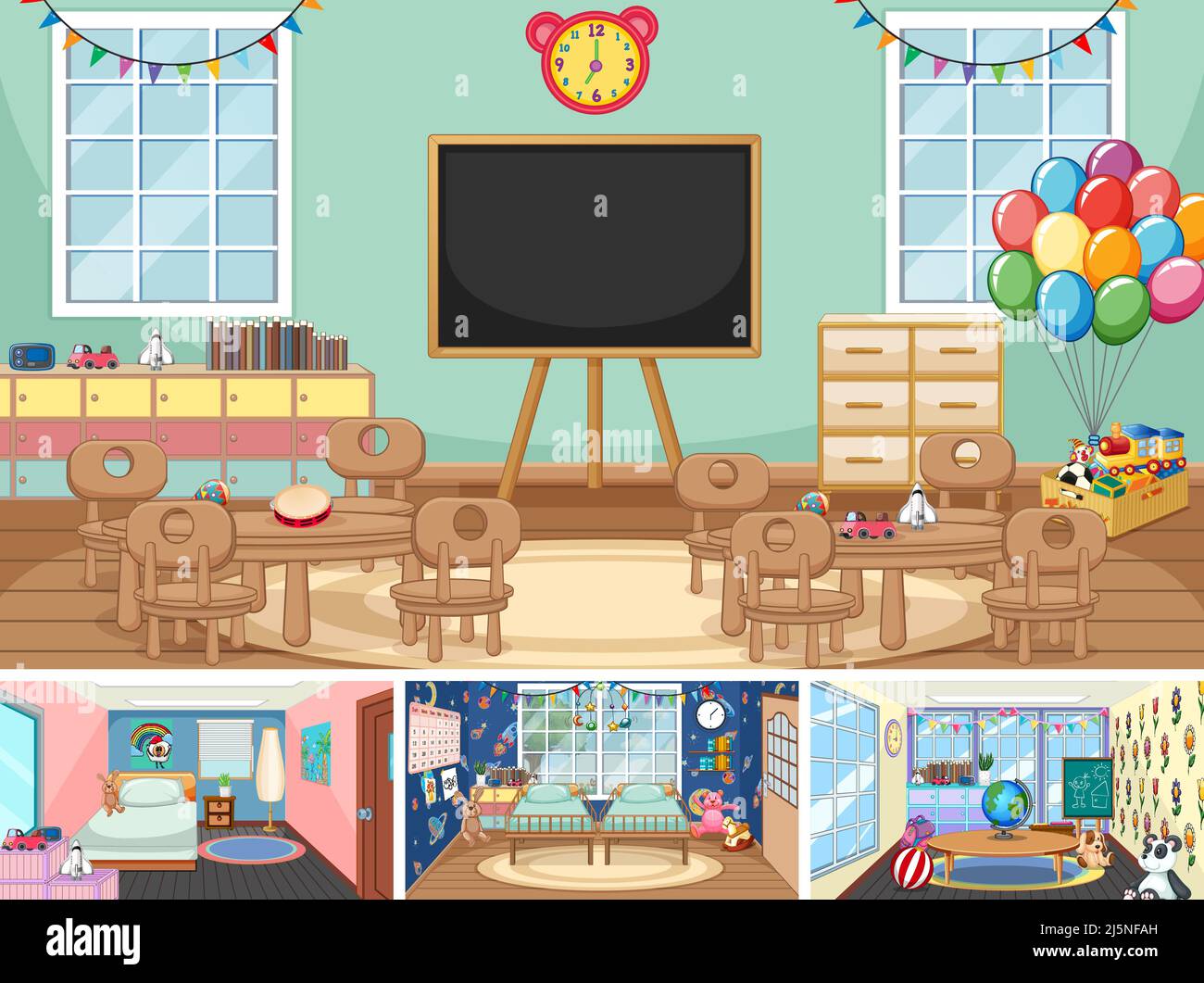 Set of different kindergarten classroom scenes illustration Stock ...
