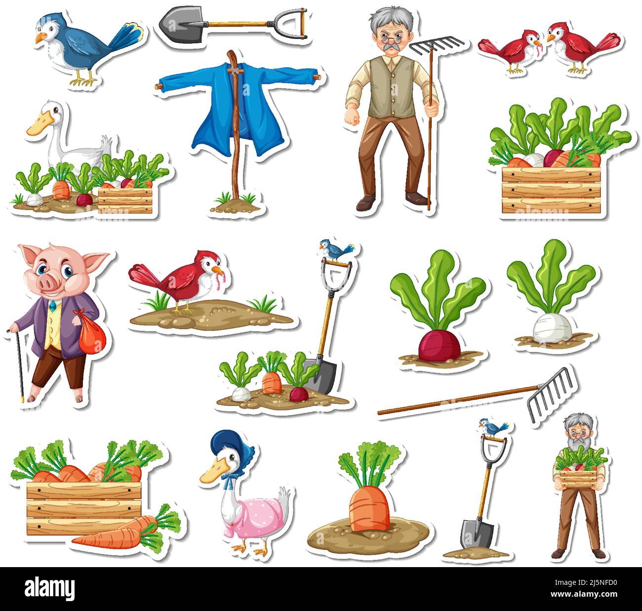 Sticker pack of farm objects and old farmer cartoon characters ...