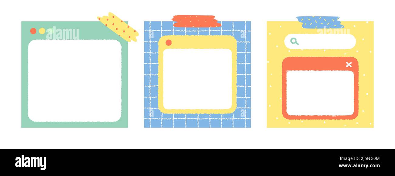 Set of cute colorful web browser window notepad with tape hand drawn ...