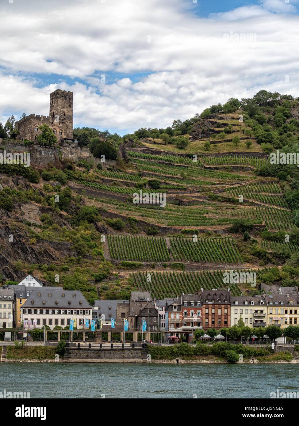 KAUB, GERMANY - JULY 06, 2019: View of the village with vineyards and ...