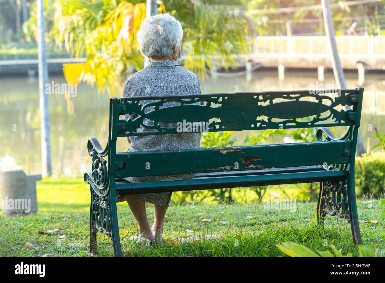 Asian elderly woman depressed and sad sitting back on bench in autumn ...