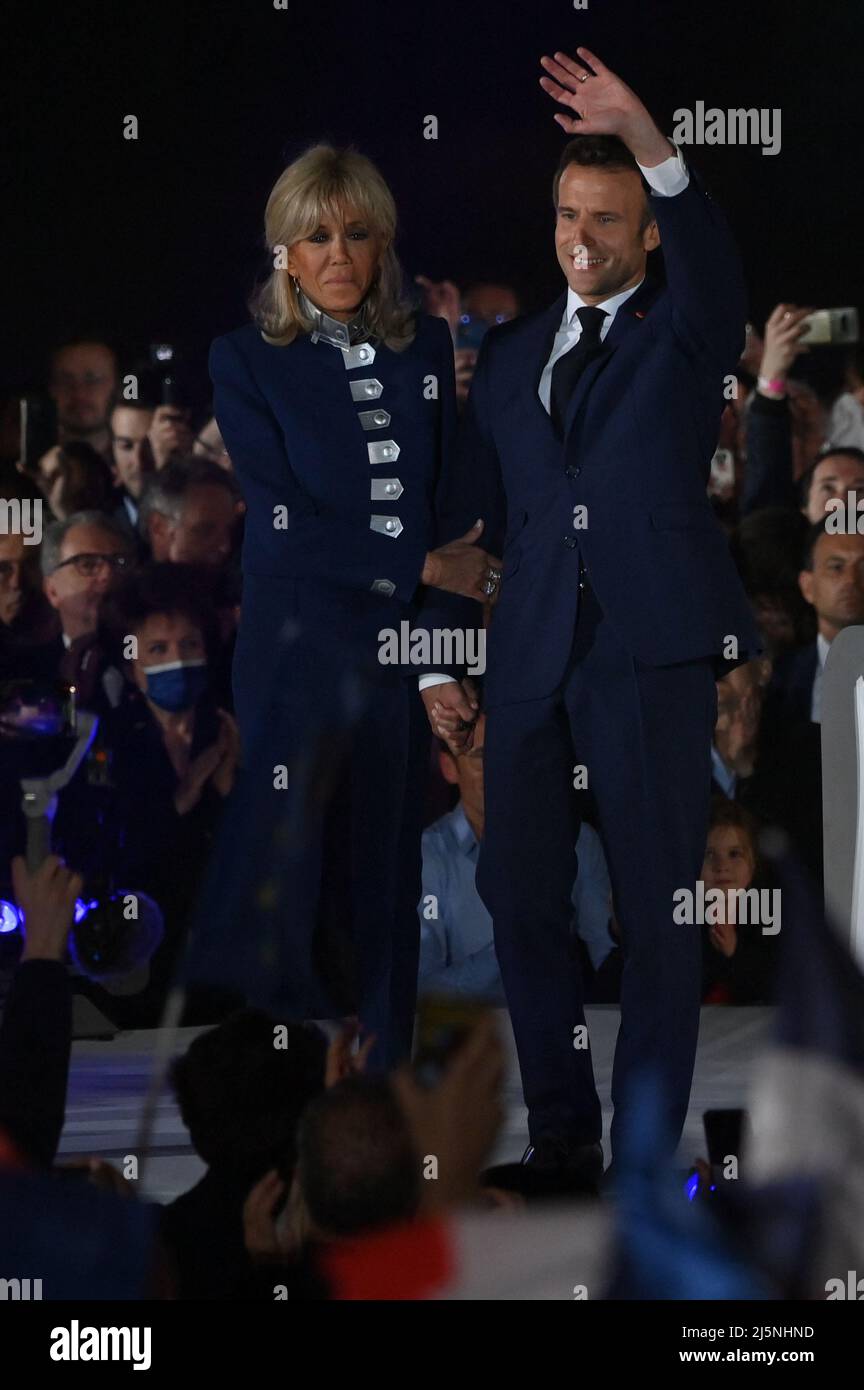 Paris France 24th Apr 2022 Emmanuel Macron And Wife Brigitte Macron