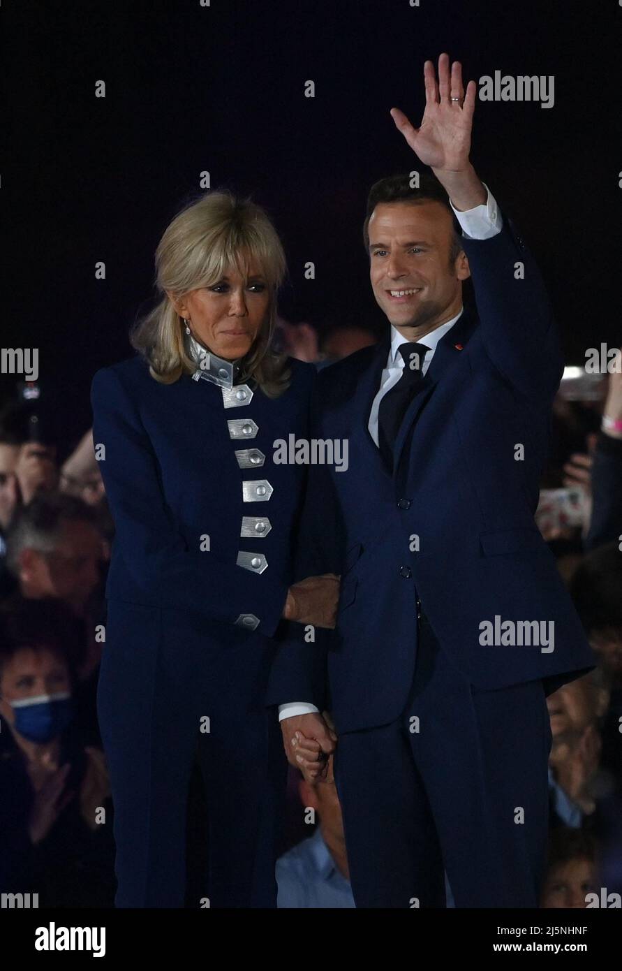 Paris France 24th Apr 2022 Emmanuel Macron And Wife Brigitte Macron