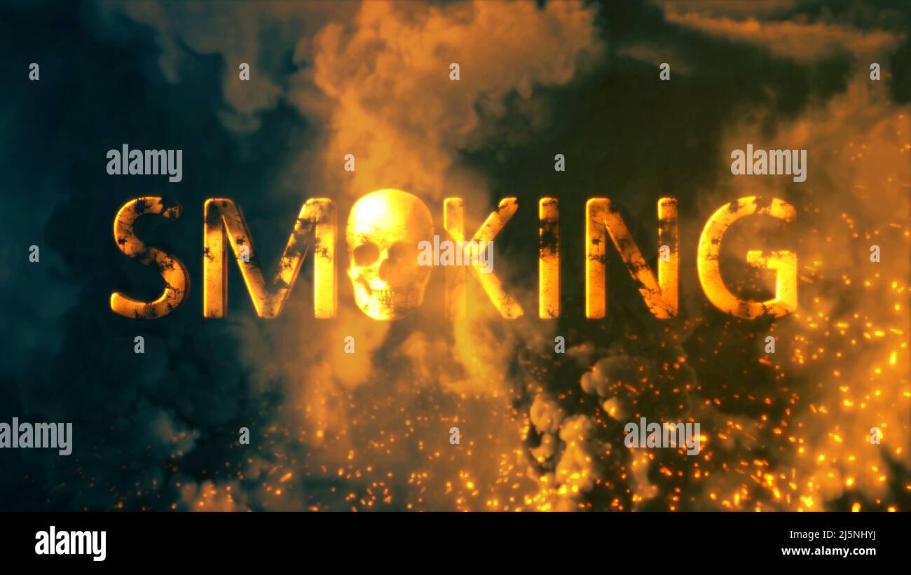 Text smoking with human skull on background with fire fire and smoke ...