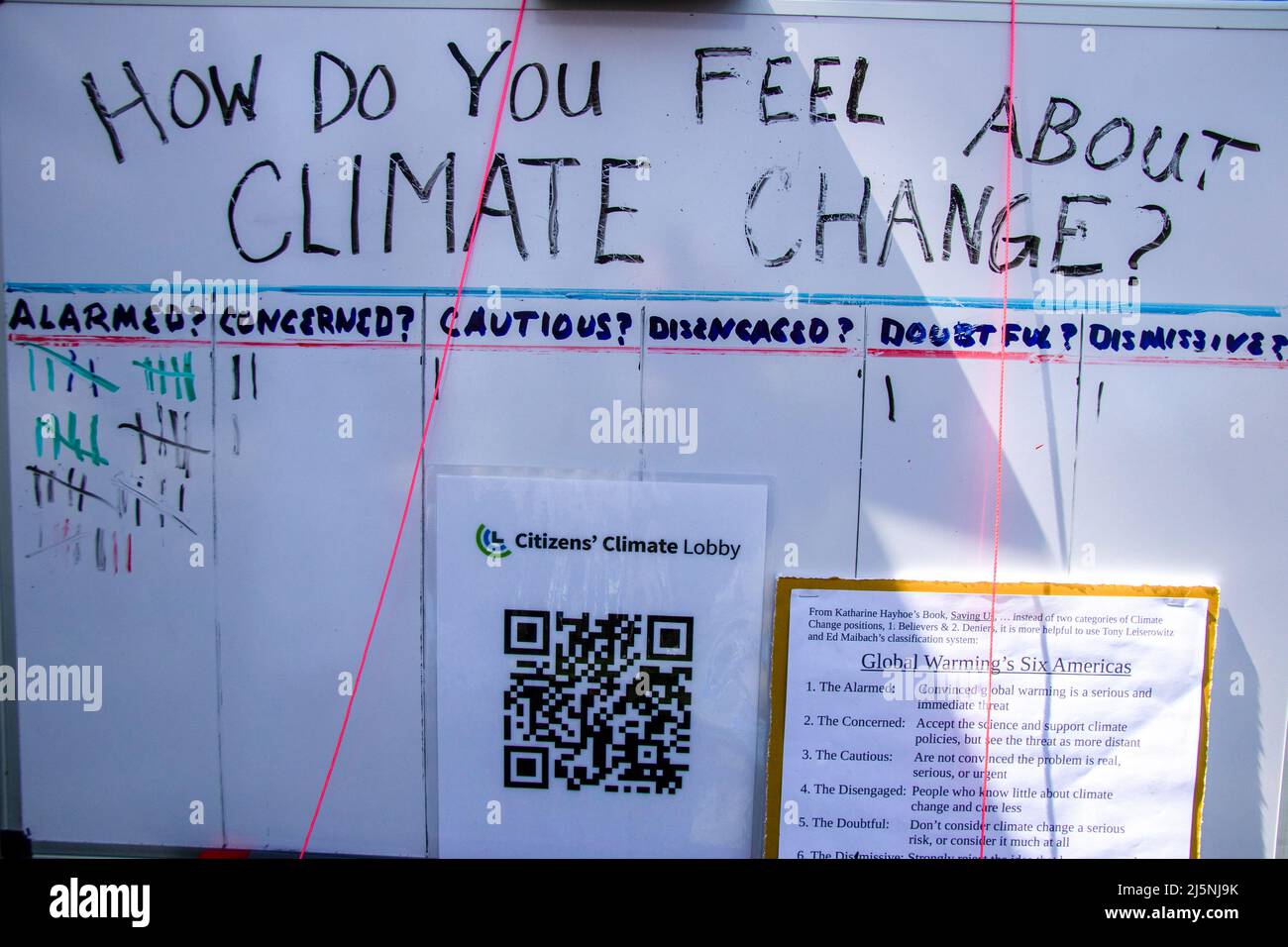 A white board asks people how they feel about climate change. Earth day ...