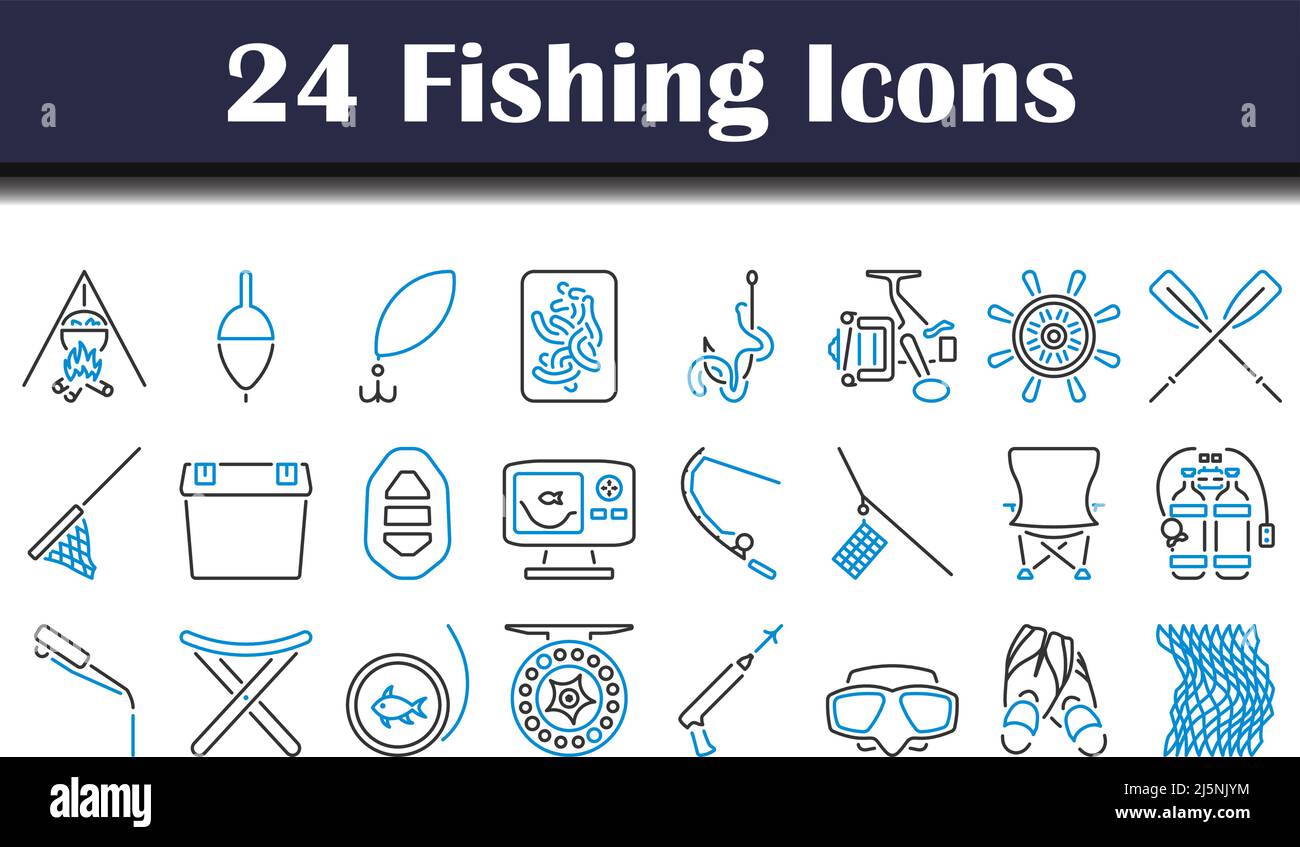 Fishing Icon Set. Editable Bold Outline With Color Fill Design. Vector ...