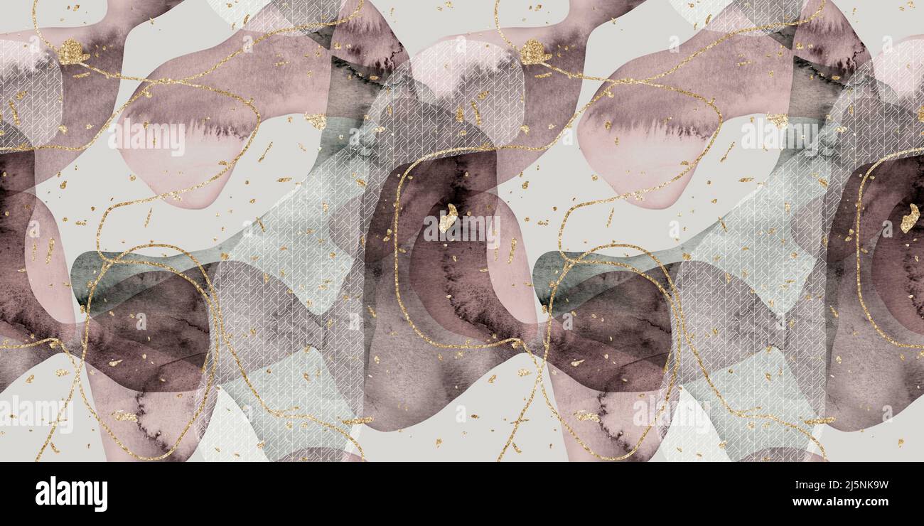 Seamless watercolor abstract organic blob shape overlay with gold lines ...