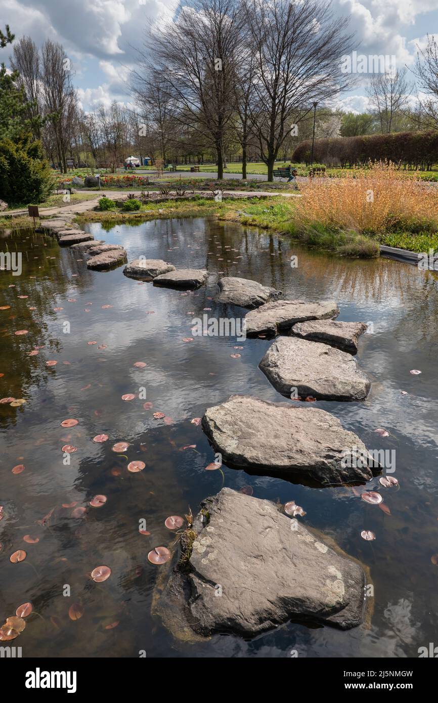 Pond footbridge made of stones in the Powsin Botanical Garden of the ...