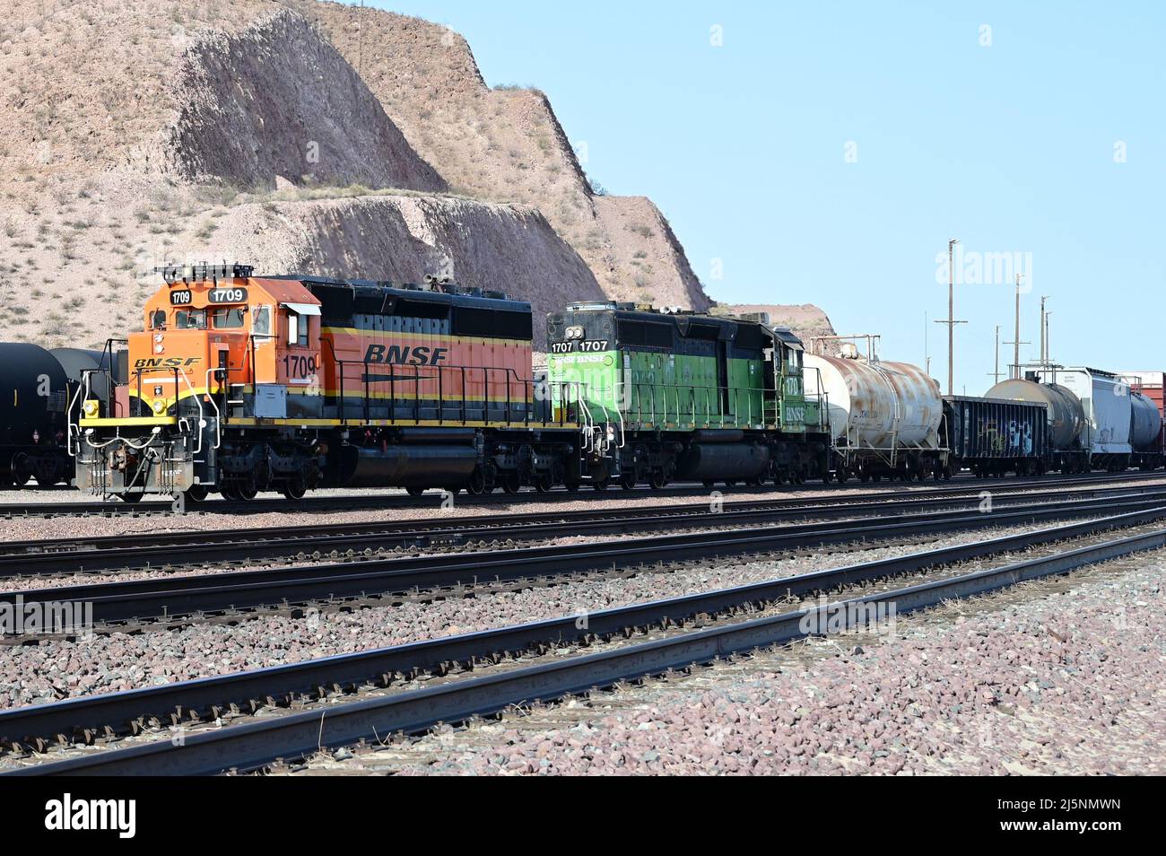 A EMD SD40-2 in BNSF branding at Barstow station Stock Photo - Alamy