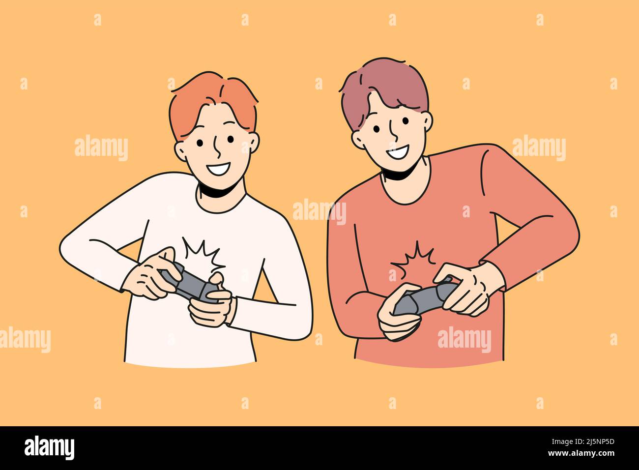 Happy guys playing video games holding joysticks. Smiling men gamers ...