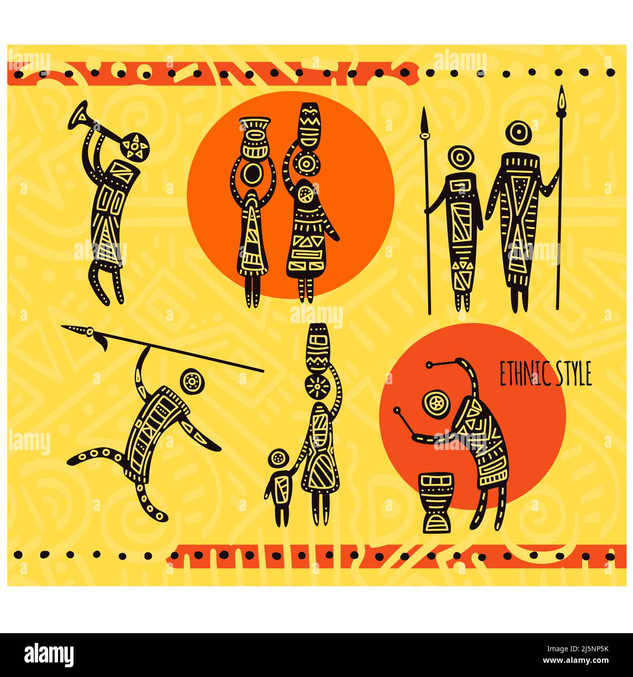 Set of African tribal drawings with hunter, womans with jug, musicians ...