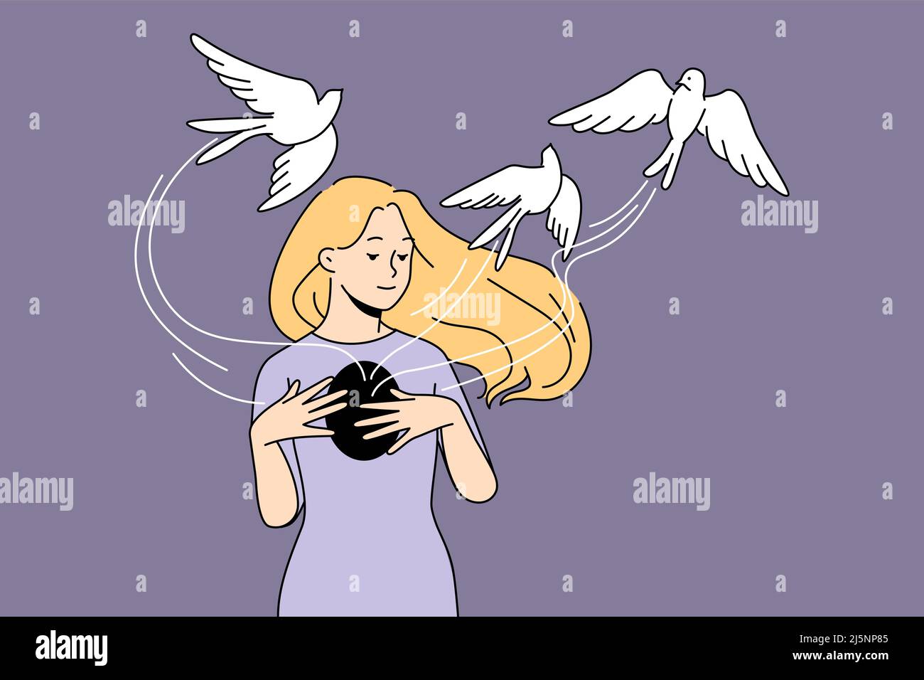 Happy young woman free birds from chest recover from depression or ...