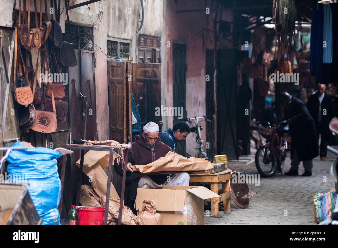 Marrakesh, Morocco-February 28,2020:A typical street in the ancient ...