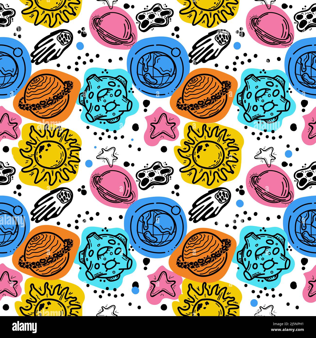 A seamless pattern of planets, comets, asteroids and stars. Hand-drawn ...