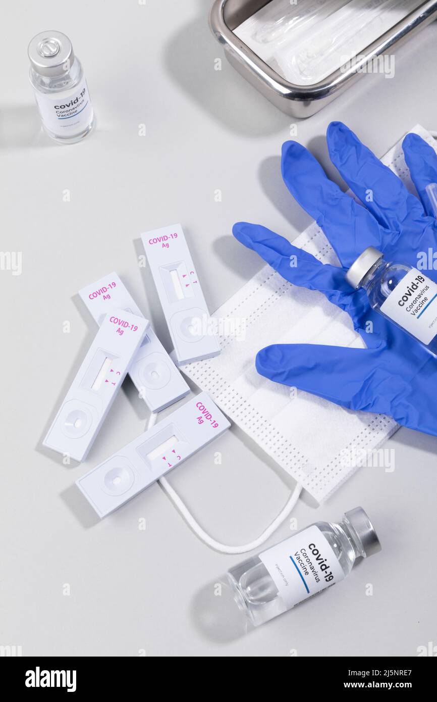 covid virus self testing kit and medical objects Stock Photo - Alamy