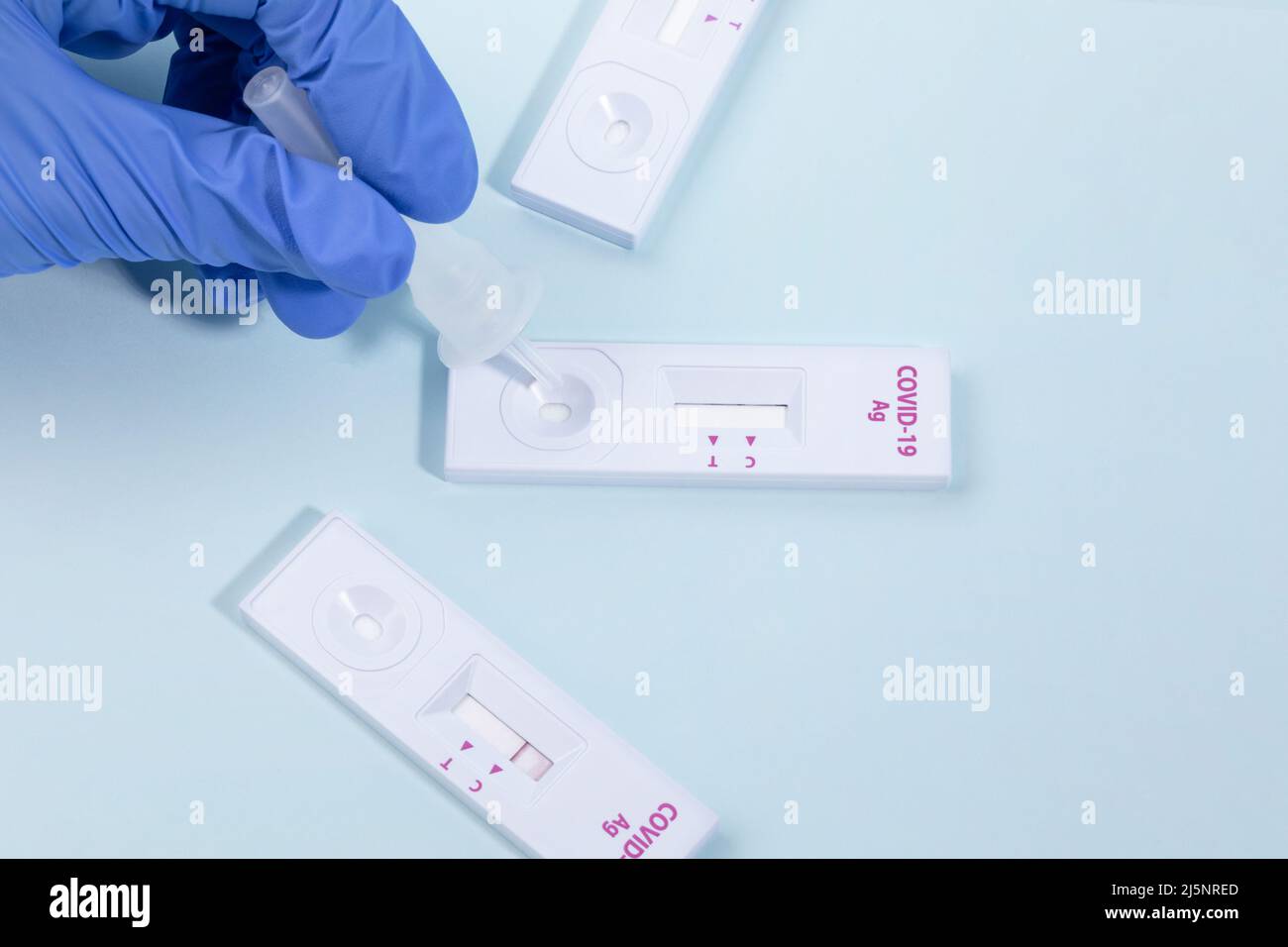 hand dropping specimen solution into the covid test kit, blue ...