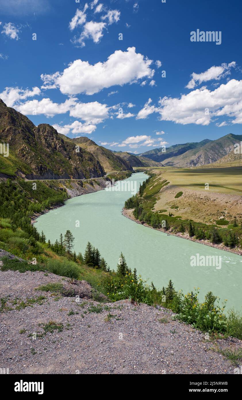 Altai natural landscape with river Katun under blue sky with clouds. On ...