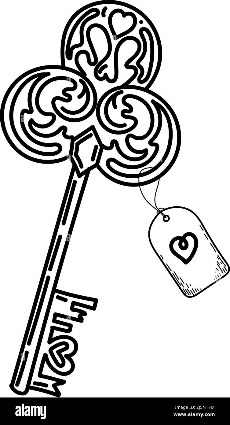 Vintage key, hand-drawn doodle in sketch style. Heart key. Decorative ...