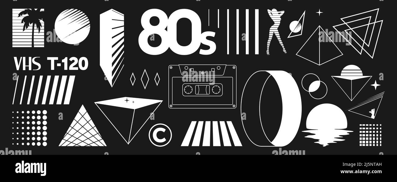 Set of retrowave design elements. Sunset, palm tree, audio cassette ...