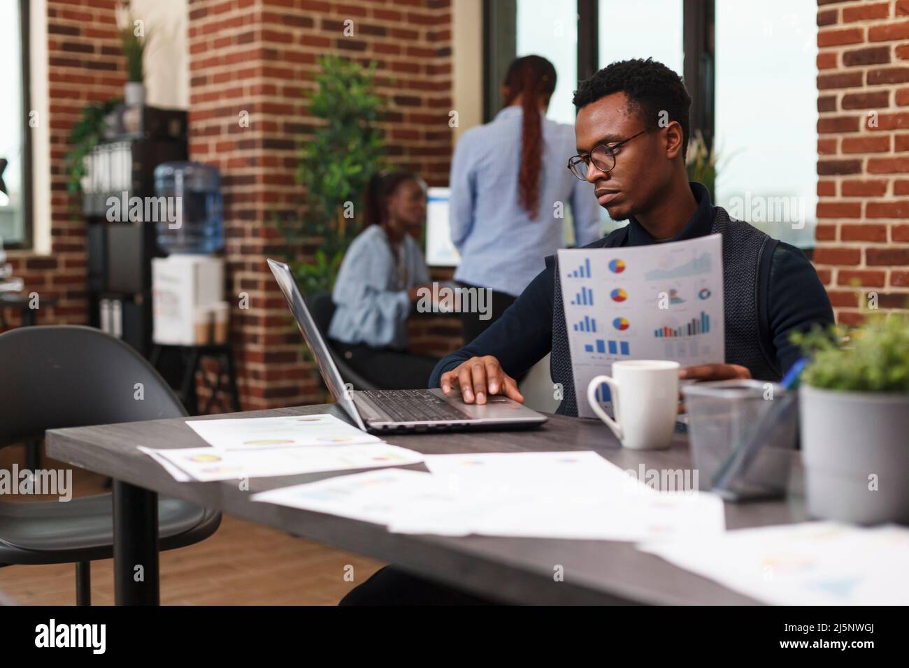 Business company accountant having management chart working on ...