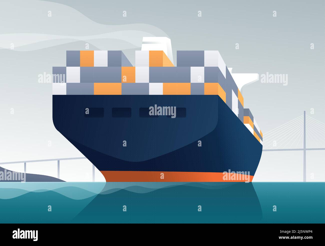 Vector illustration of a loaded container cargo ship passes under the ...