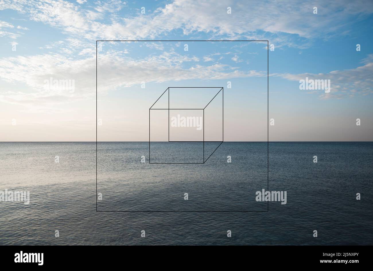 Cube over seascape and water surface Stock Photo - Alamy