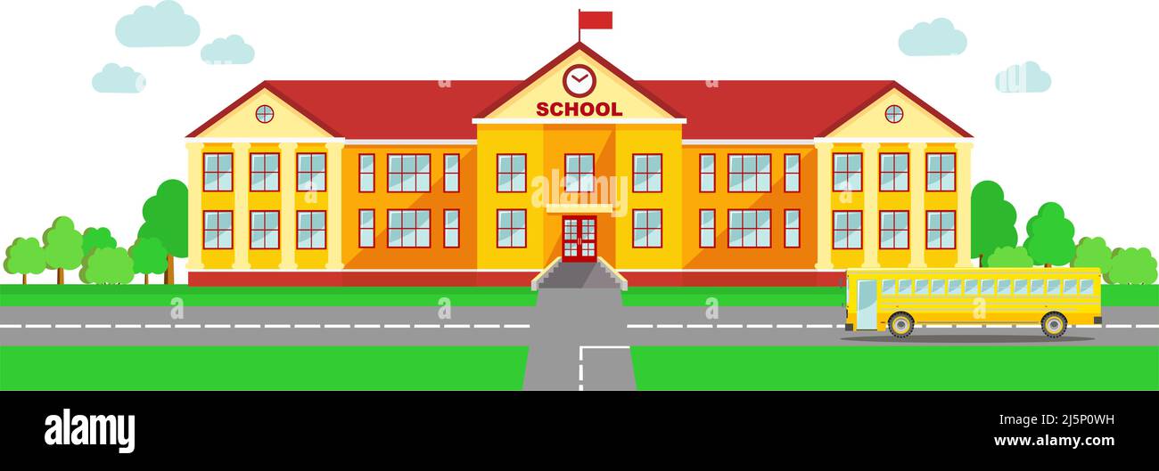 Classical school building and school bus isolated on white background ...