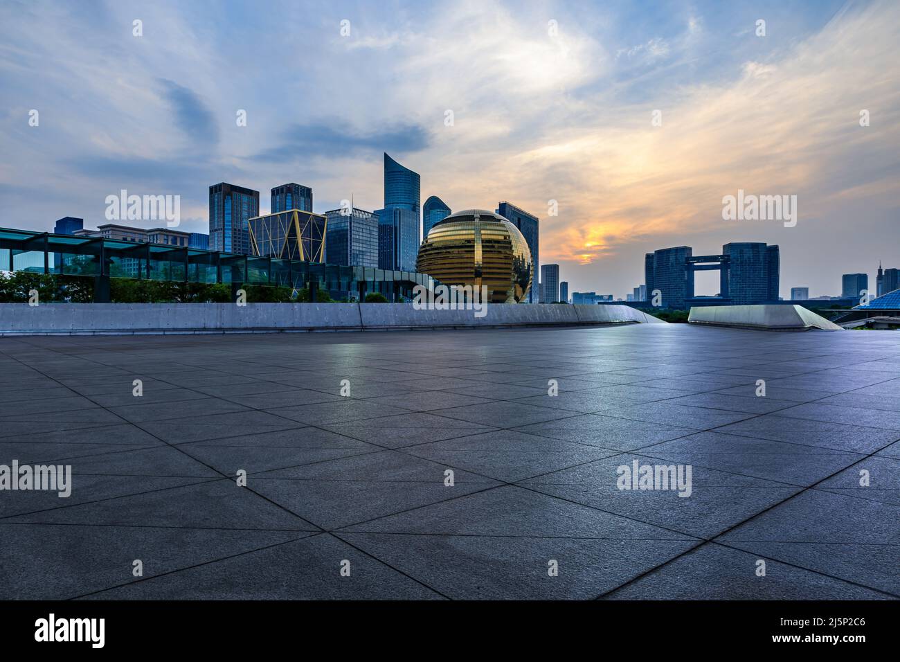 Empty square floor and city skyline with modern commercial buildings in ...