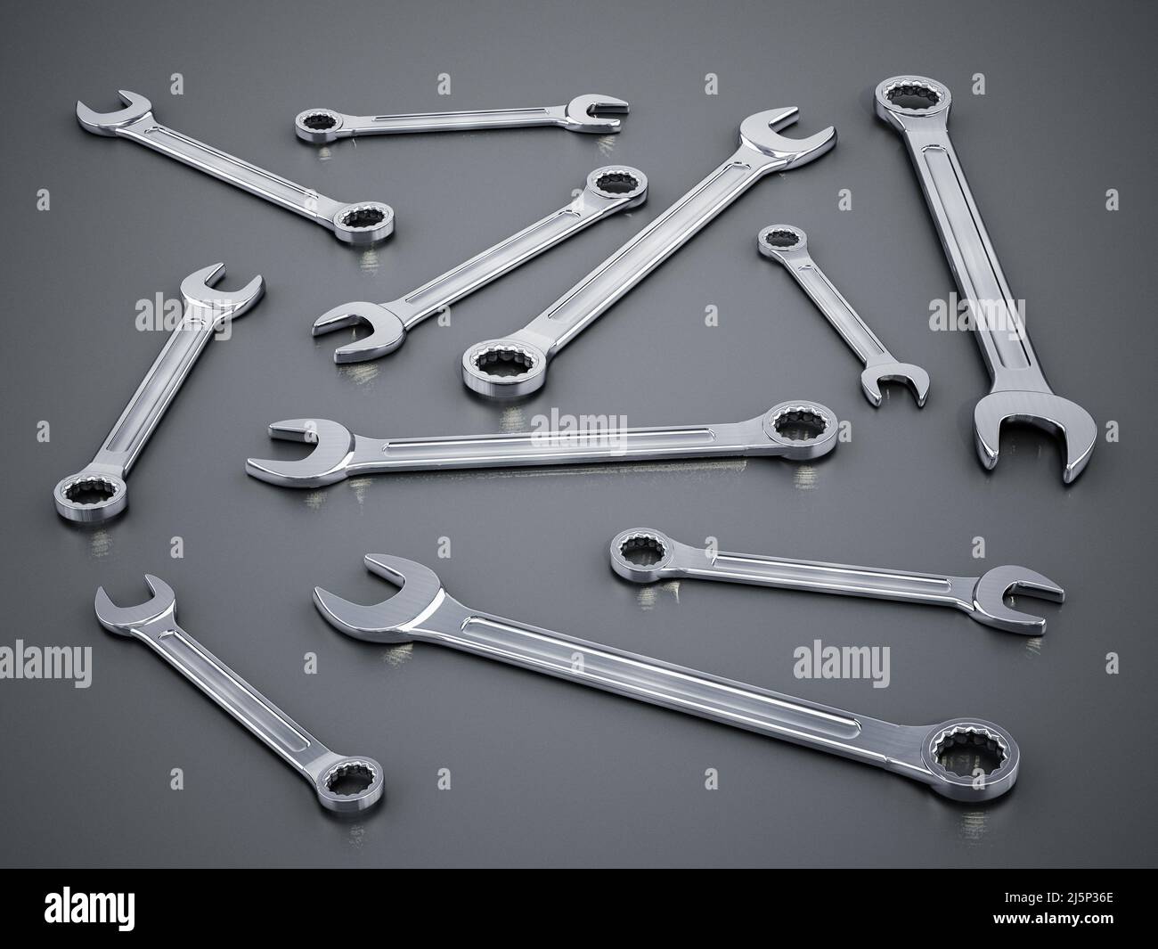 Set of wrenches standing on gray background. 3D illustration Stock ...