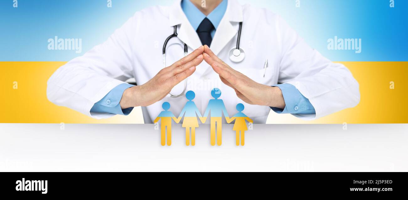 Humanitarian aid and medical care for war in Ukraine. Doctor hands ...