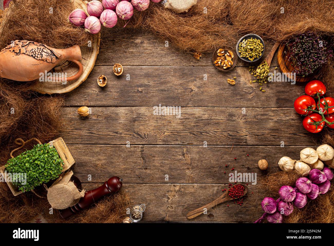 Frame of nutrition ingredient on wooden background Stock Photo - Alamy