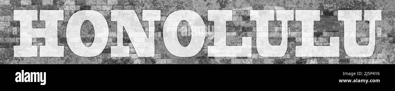 White lettering on a gray brick wall with the name of the city HONOLULU ...