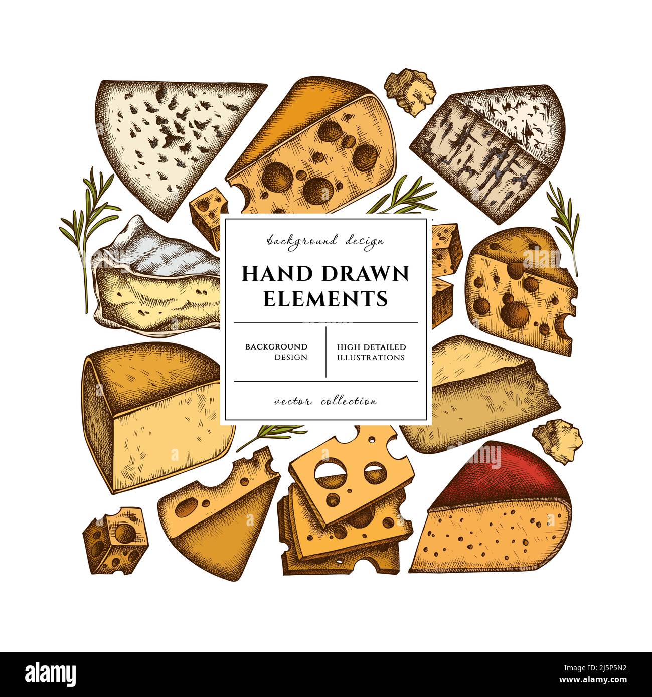 Cheese square card or invitation design. Frame design with brie, gouda ...