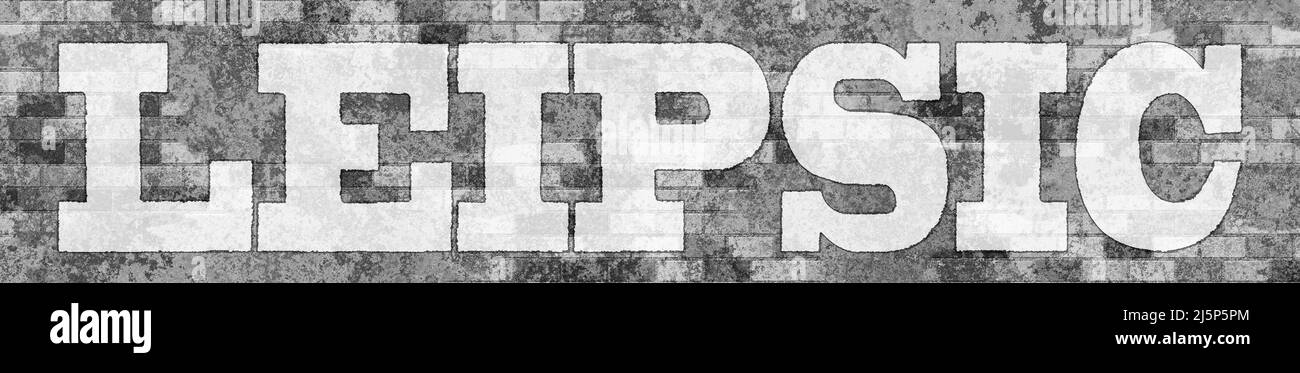 White lettering on a gray brick wall with the name of the city LEIPSIC ...