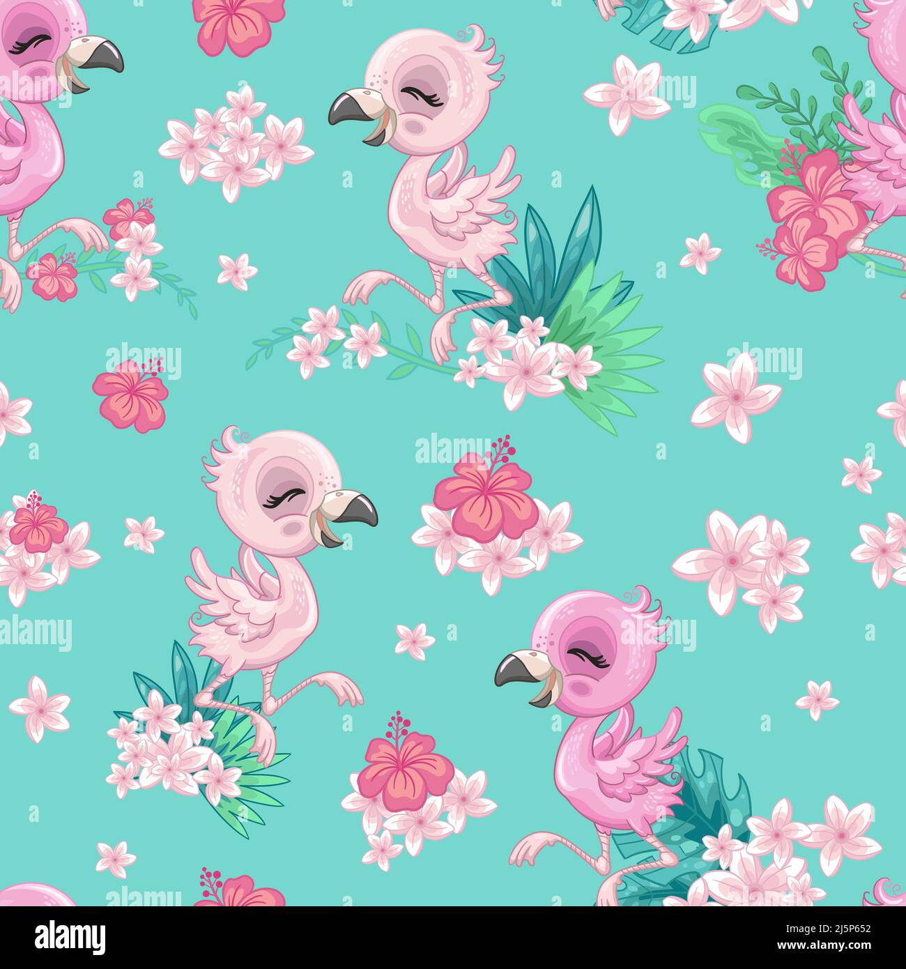 Seamless vector pattern with cute happy pink flamingo and flowers ...