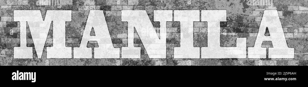 White lettering on a gray brick wall with the name of the city MANILA ...