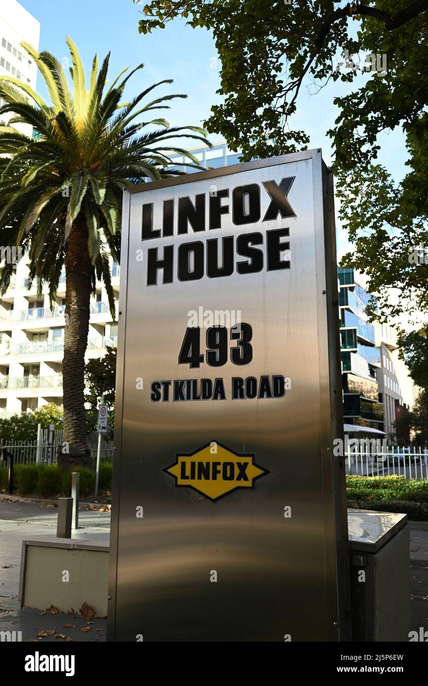 Sign at the entrance to Linfox House, located at 493 St Kilda Rd Stock ...
